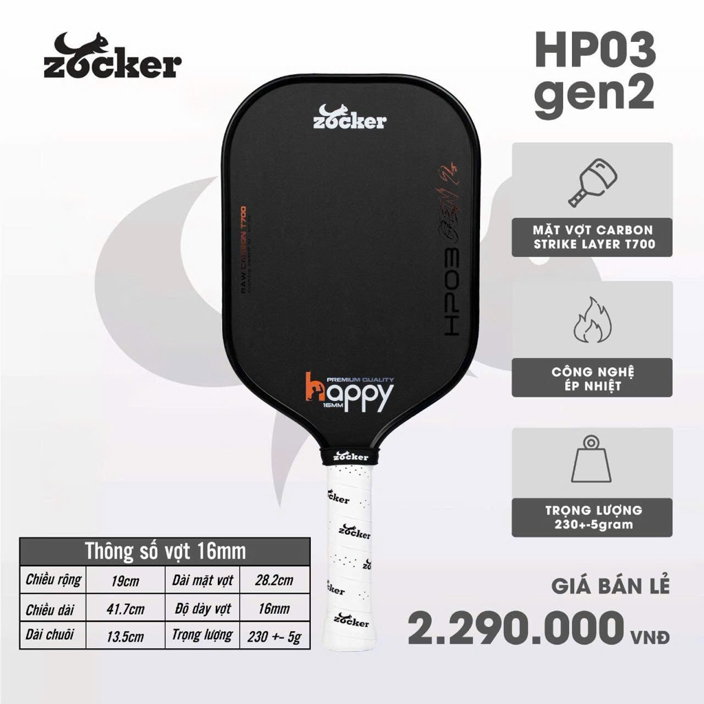 Vợt Pickleball Zocker Happy HP03 - HP03 gen2 ( tặng kèm bao mặt vợt ...