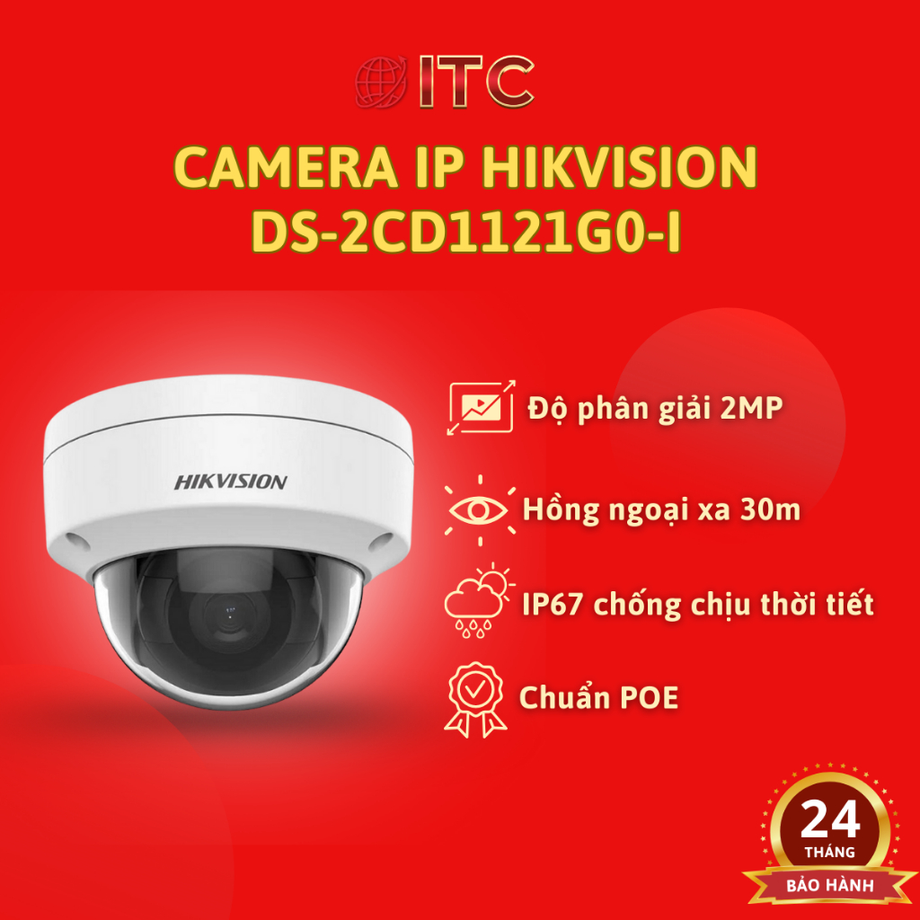 Camera IP HIKVISION DOME 2M FULL HD hỗ trợ POE, Màu Mic, (chỉ cắm mạng ...