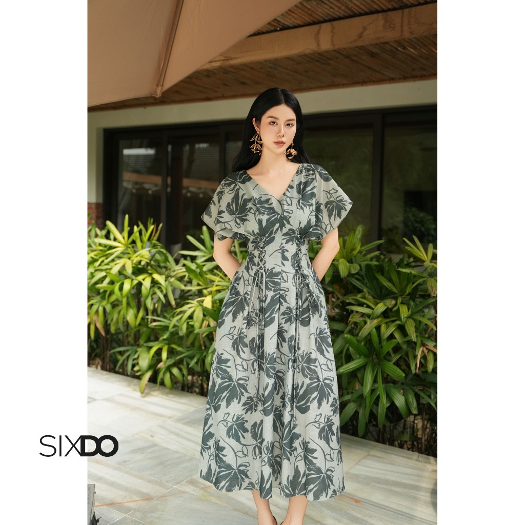 Đầm hoa xanh chiết eo SIXDO (Green Floral Linen Flared Dress) | Shopee ...