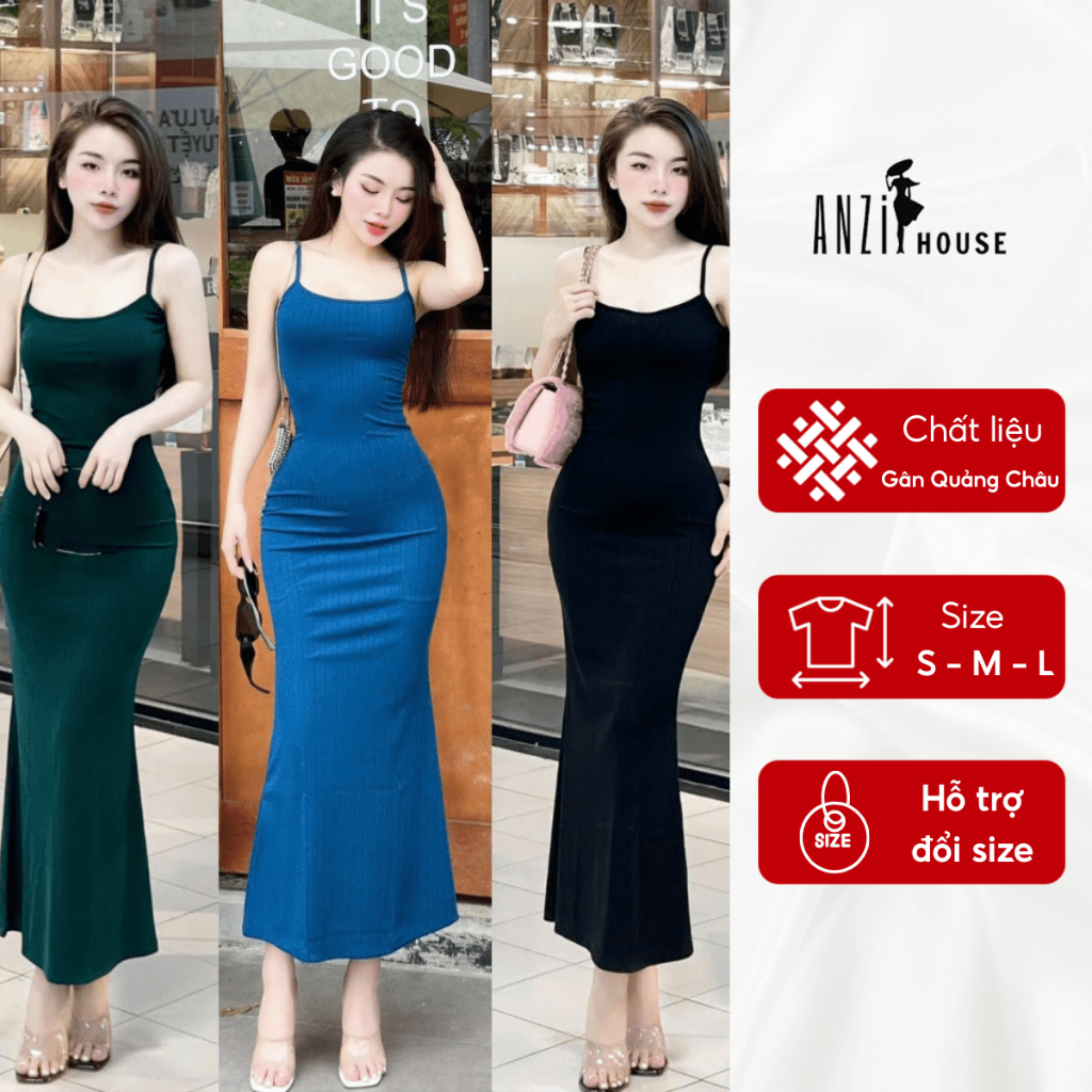 Đầm body 2 dây dáng dài đuôi cá, Váy Body vải thun gân Quảng Châu co ...