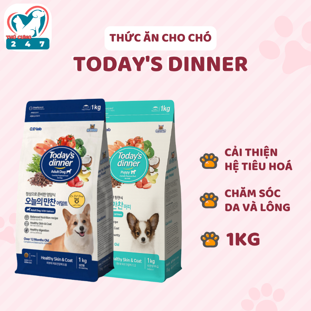 Hạt cho chó con và chó lớn Today's Dinner túi 1kg cải thiện tiêu hoá ...