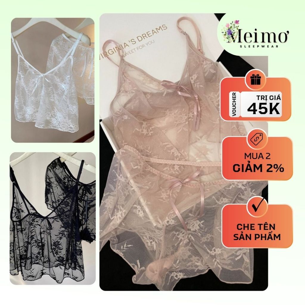 MEIMO - Set bộ ngủ 2 dây ren xuyên thấu, bộ đồ ngủ sexy ren mềm mịn ...