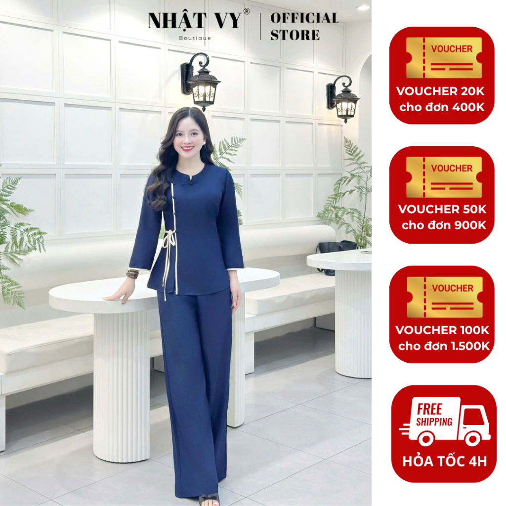 Set đồ lam Nhật Vy áo cổ tàu tay dài kèm quần ổng rộng chất lụa đi lễ ...