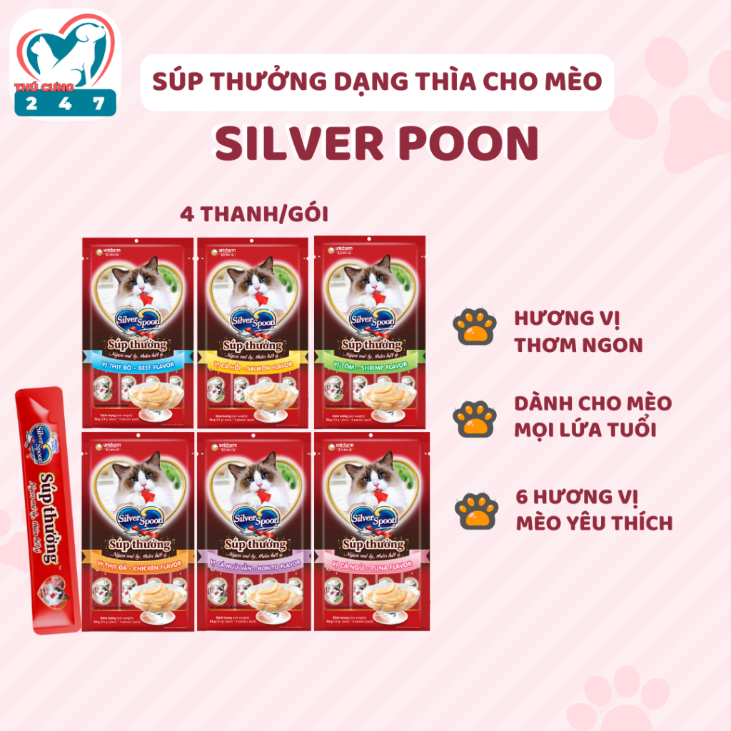 Súp thưởng Silver Spoon dạng thanh cho mèo 56g vị cá ngừ/cá ngừ vằn/gà ...