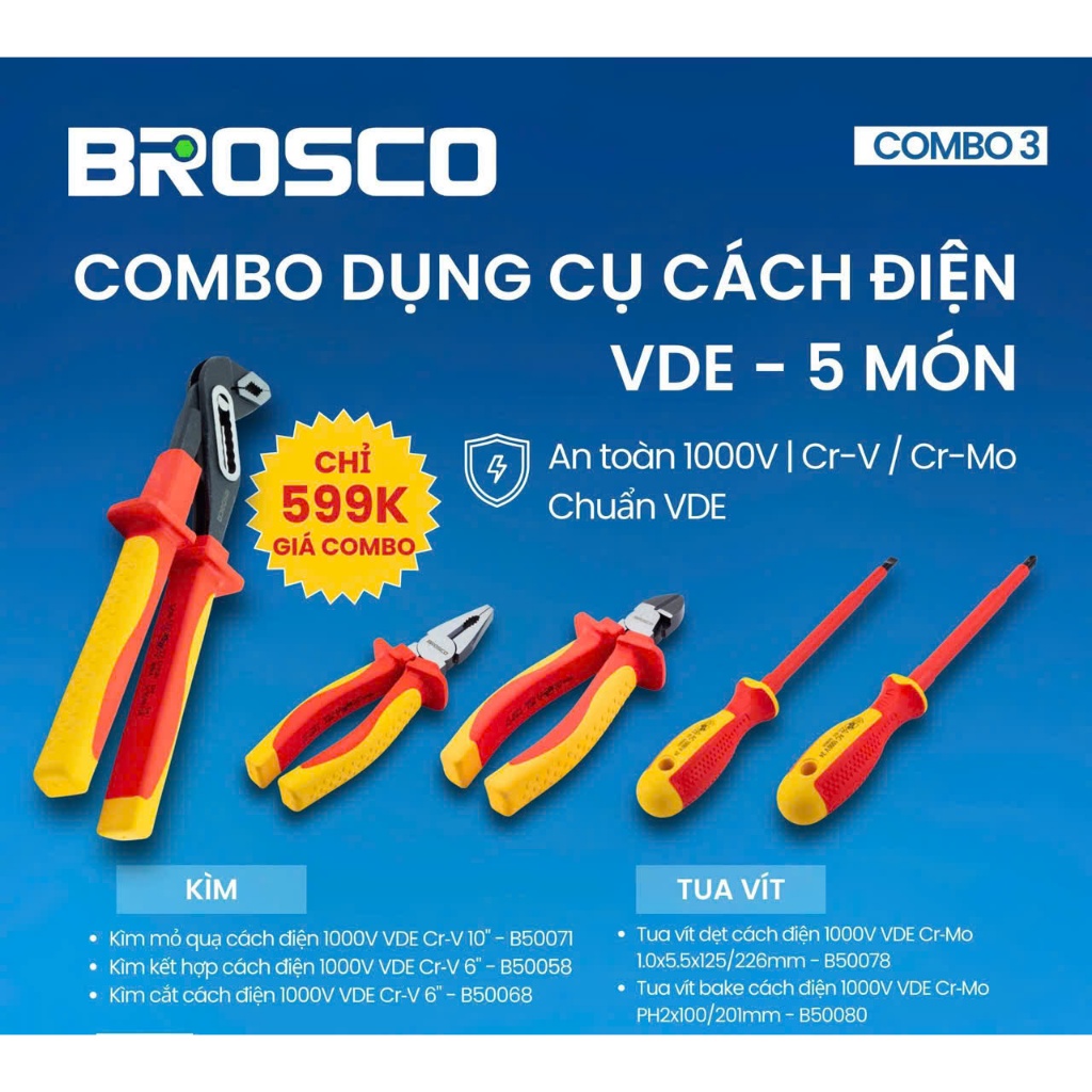 Combo 5 Món Dụng Cụ Cách Điện Brosco VDE 1000V – Kìm + Tua Vít Cr-V Cr ...