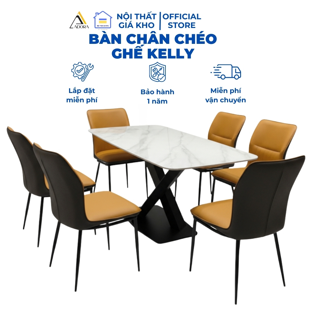 Bàn ăn mặt đá chân chéo + ghế Kelly cao cấp Adora | Bàn ăn 4-6 ghế kích ...