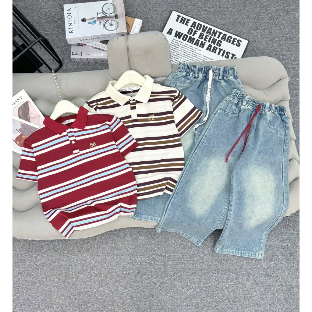 Bộ quần áo trẻ em - Sét Áo kẻ quần bò xuông bé gái size đại(22-55kg ...