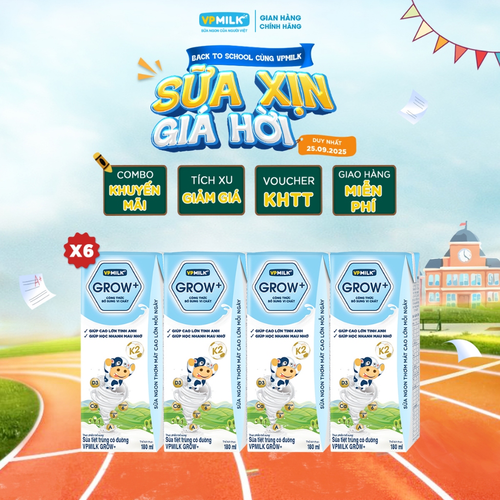 [Combo 6 lốc] Sữa Tiệt Trùng VPMilk Grow+ Có Đường 180ml Cho Bé Từ 1 ...