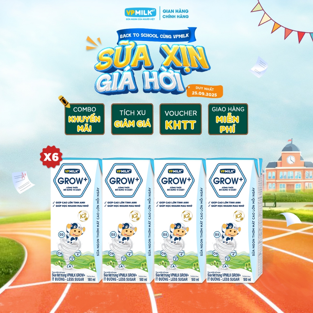 [NỬA THÙNG 6 lốc] Sữa Tiệt Trùng VPMilk Grow+ ít đường thể tích 180ml ...