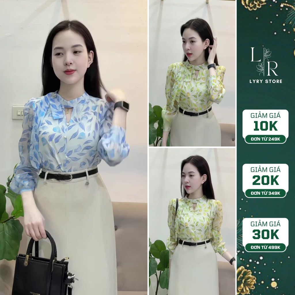 Áo sơ mi nữ công sở họa tiết lá – chất voan cao cấp, tay bồng dài, form suông thanh lịch S70 ...