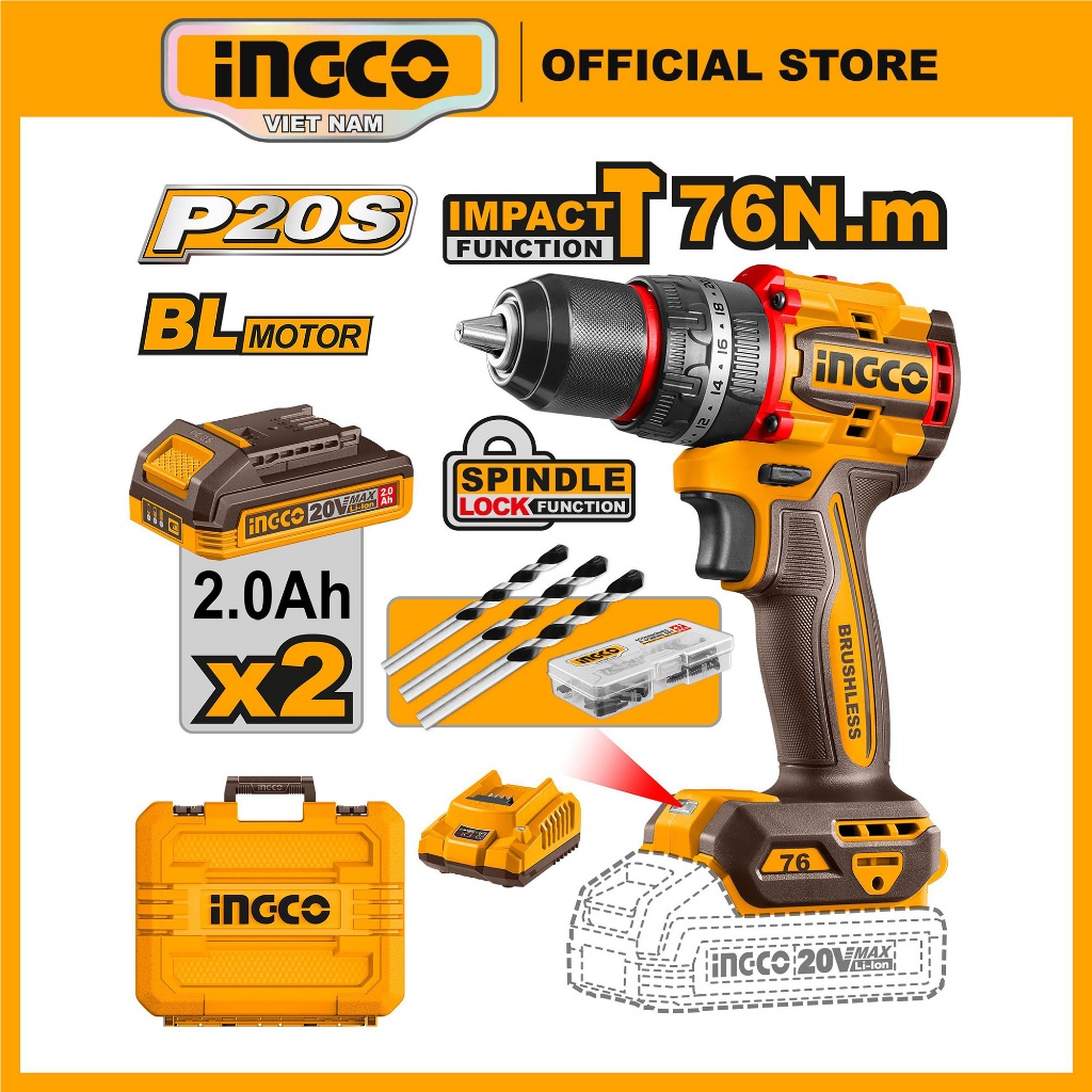 Máy khoan búa dùng pin 20V INGCO CIDLI20768 không chổi than 76Nm, 2 pin 2.0Ah, 47 phụ kiện ...