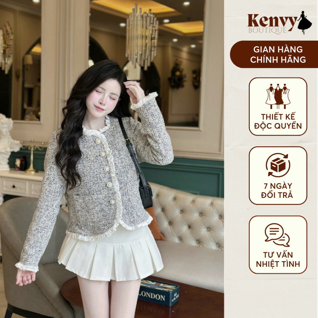 Áo khoác dạ Tweed thêu viền bèo khuy đồng sang chảnh form vừa cho nữ ...