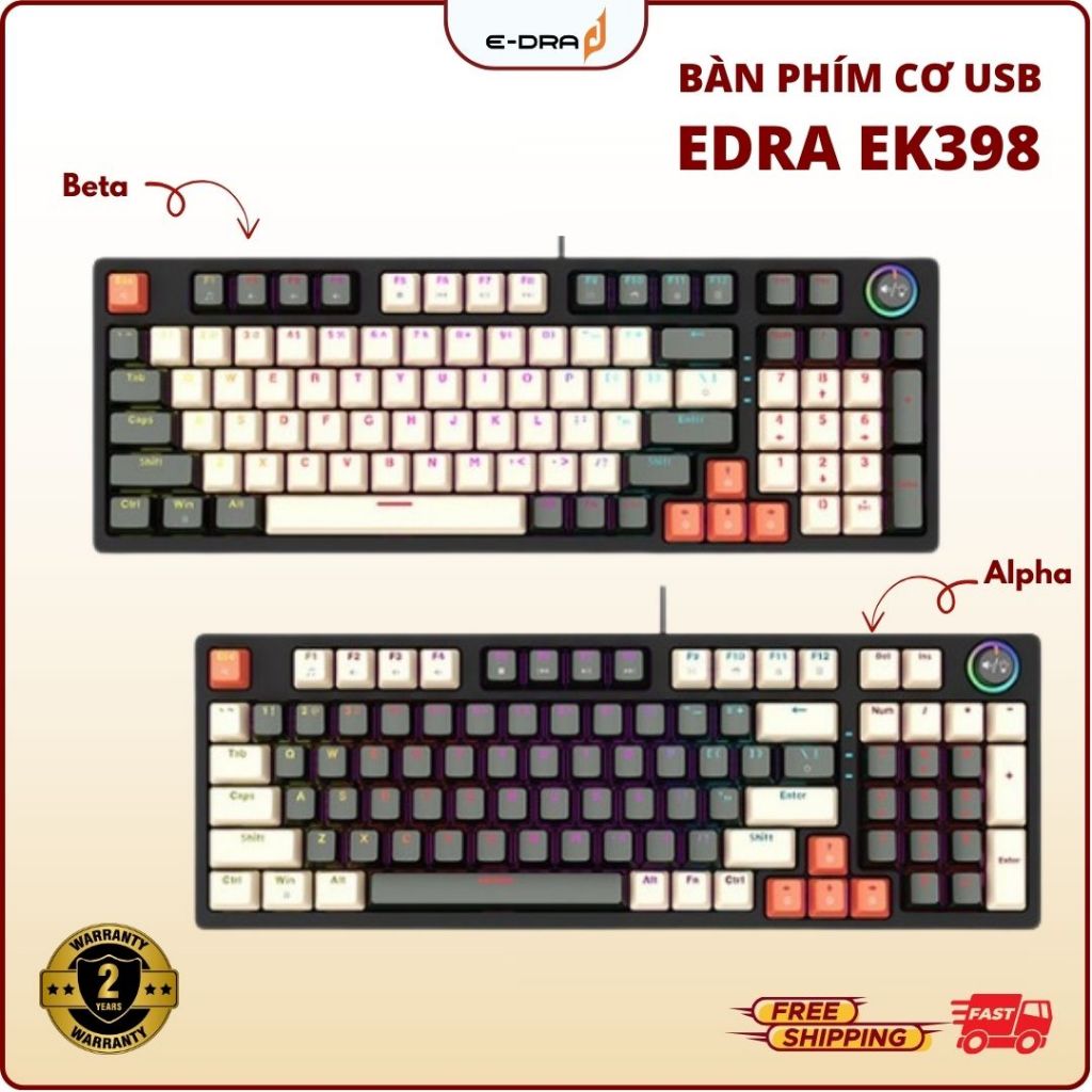 Bàn Phím Gaming Cơ E-DRA EK398 USB, EK398L Wireless, LED Rainbow, 98 ...