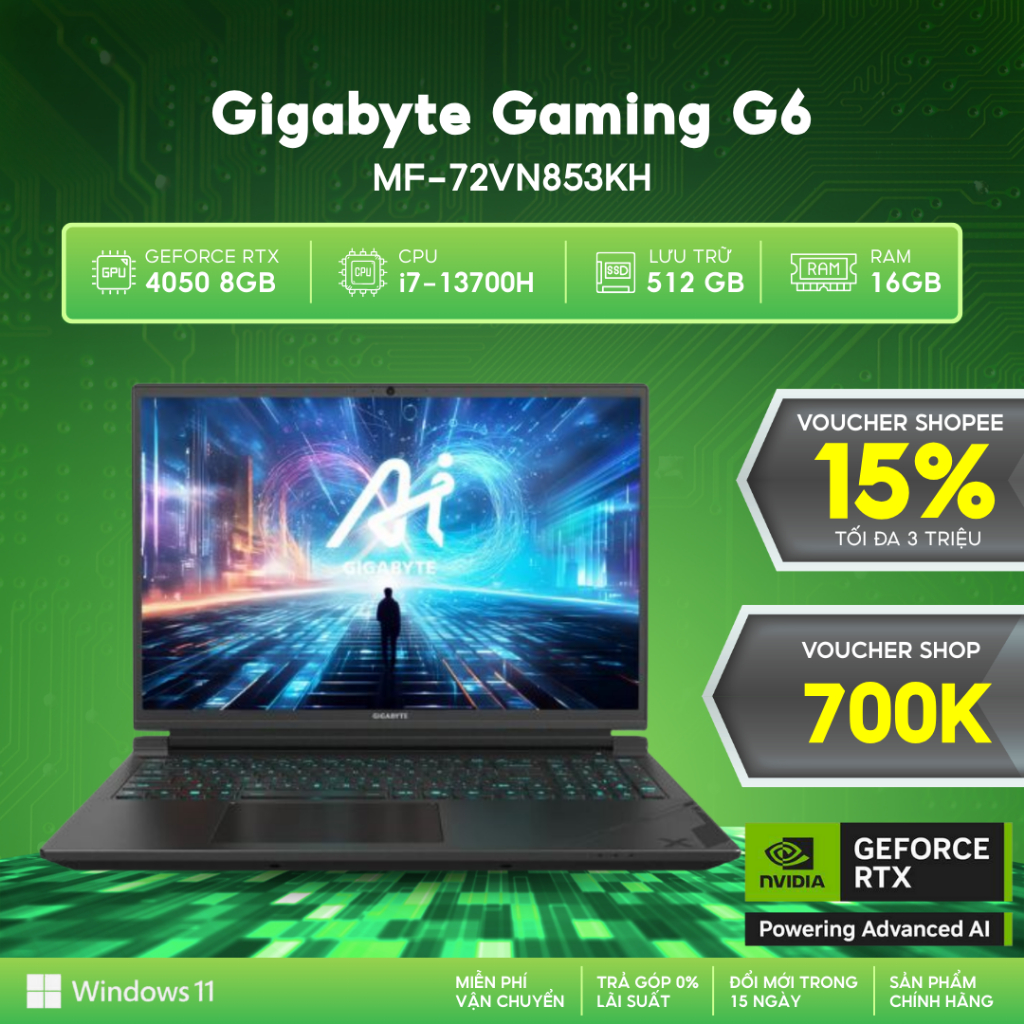Laptop Gigabyte Gaming G6 MF-72VN853KH Card đồ họa GeForce RTX™ 4050 6GB | Shopee Việt Nam