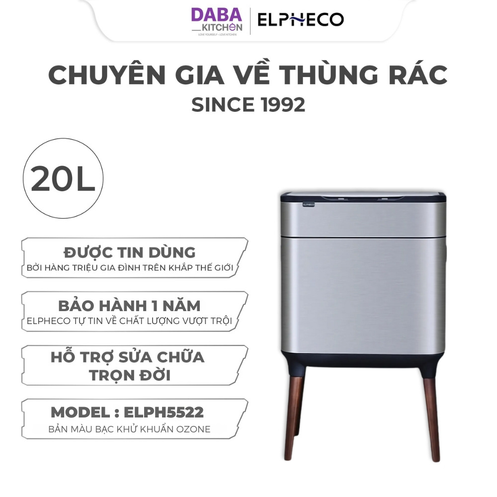 Thùng rác cảm biến thông minh Elpheco khử Ozone 20L - EPLH5522 chân cao (Bạc) | Shopee Việt Nam