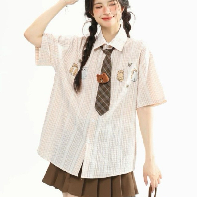 [ẢNH THẬT] SẴN Áo sơ mi KÈM CÀ VẠT thêu hình meow meow cute dáng suông ...
