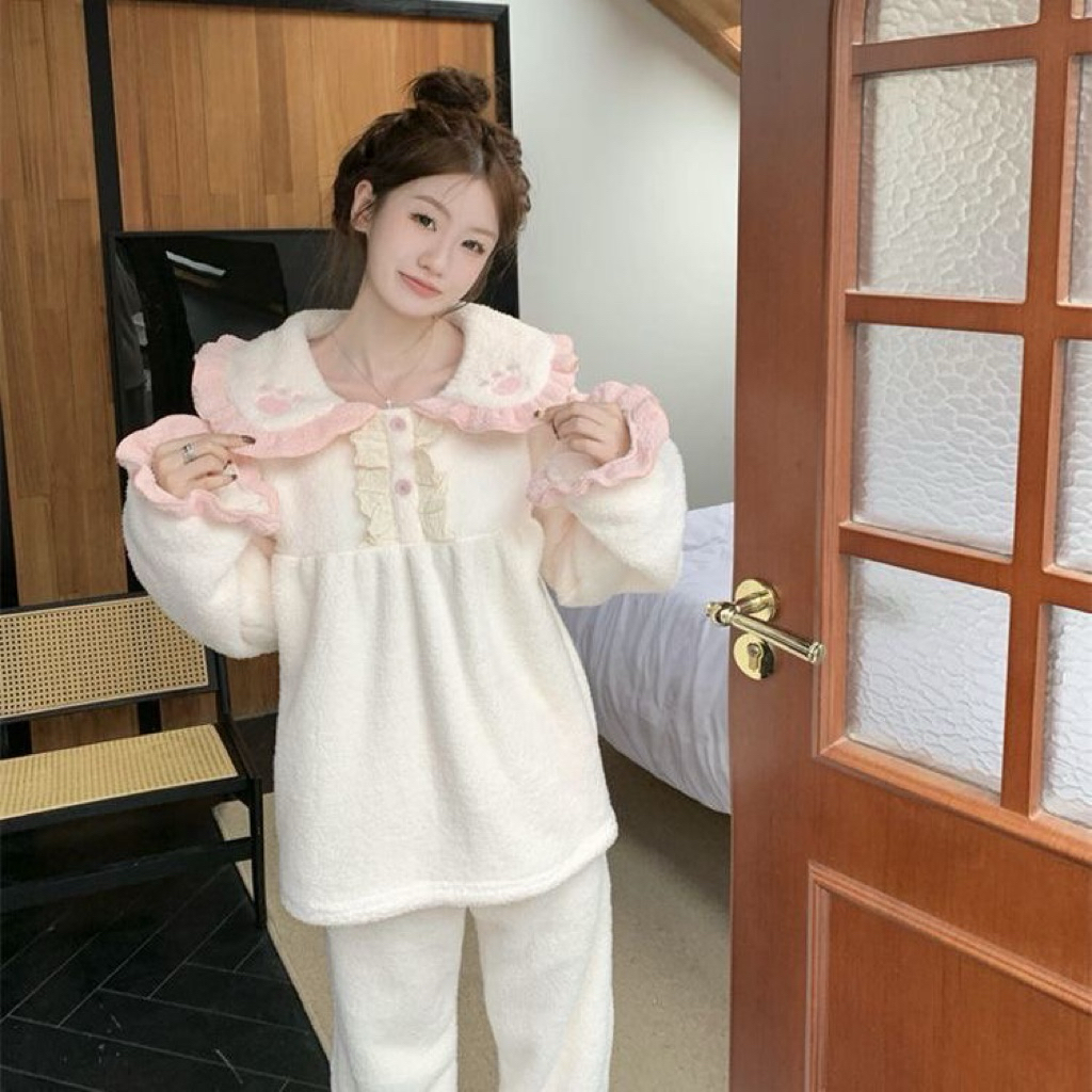 ĐỒ NGỦ NỮ BẰNG BÔNG LÓT LÔNG FORM RỘNG CỔ BÈO DỄ THƯƠNG | Shopee Việt Nam