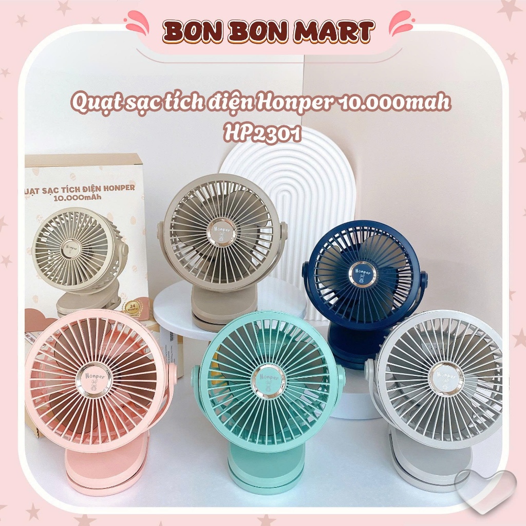 Quạt sạc tích điện Honper HP2301 đủ màu, pin 10.000 mAh, bảo hành 24 ...