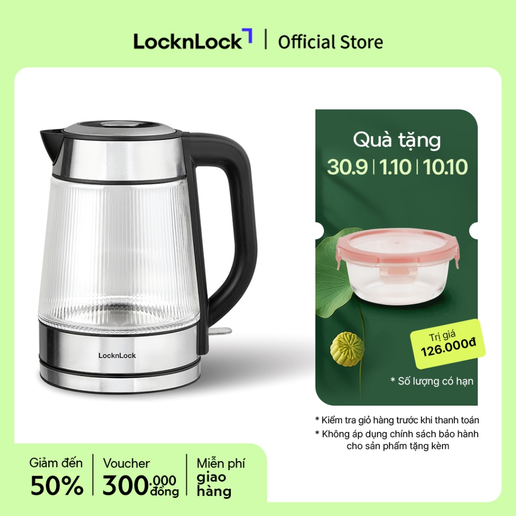 Ấm đun siêu tốc bằng thủy tinh LocknLock Glass Electric Kettle 1.8L có ...