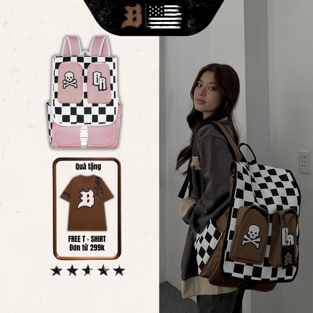 Balo thời trang đi học unisex Statement Backpack họa tiết caro, có ngăn ...