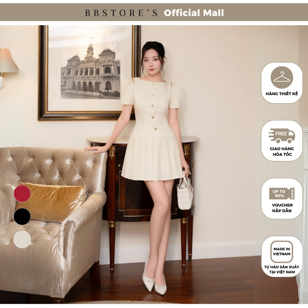 Đầm Xòe Dự Tiệc Tay Phồng Tùng Váy Xếp Ly Cut Out Vai Chất Linen Gân ...
