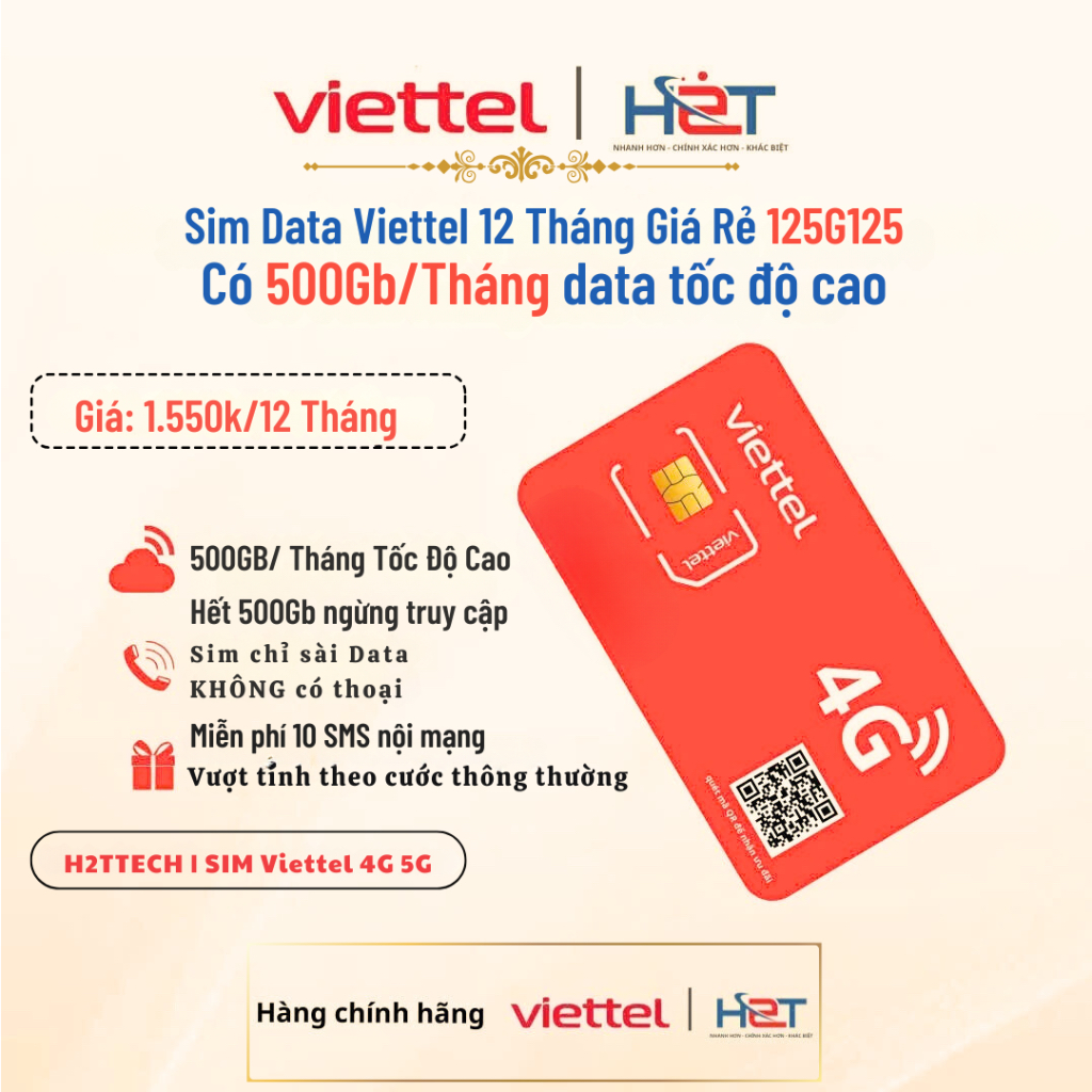 Sim 5G Viettel Data Khủng 500Gb/Tháng Miễn Phí 12 Tháng 125G125 ...