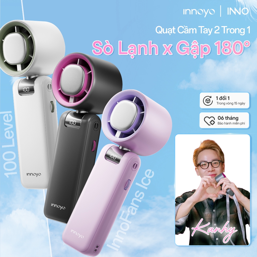 [Tặng dây đeo] Quạt cầm tay INNOYO Gió Mạnh 2 Trong 1 Sò lạnh Gập 180 ...