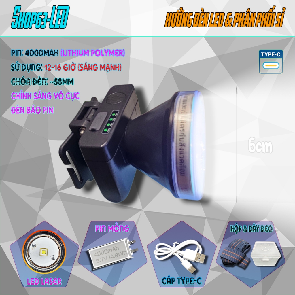 Đèn đội đầu pin mỏng ML66 chóa 5cm, led laser sáng mạnh 9 giờ, pin 3000 ...