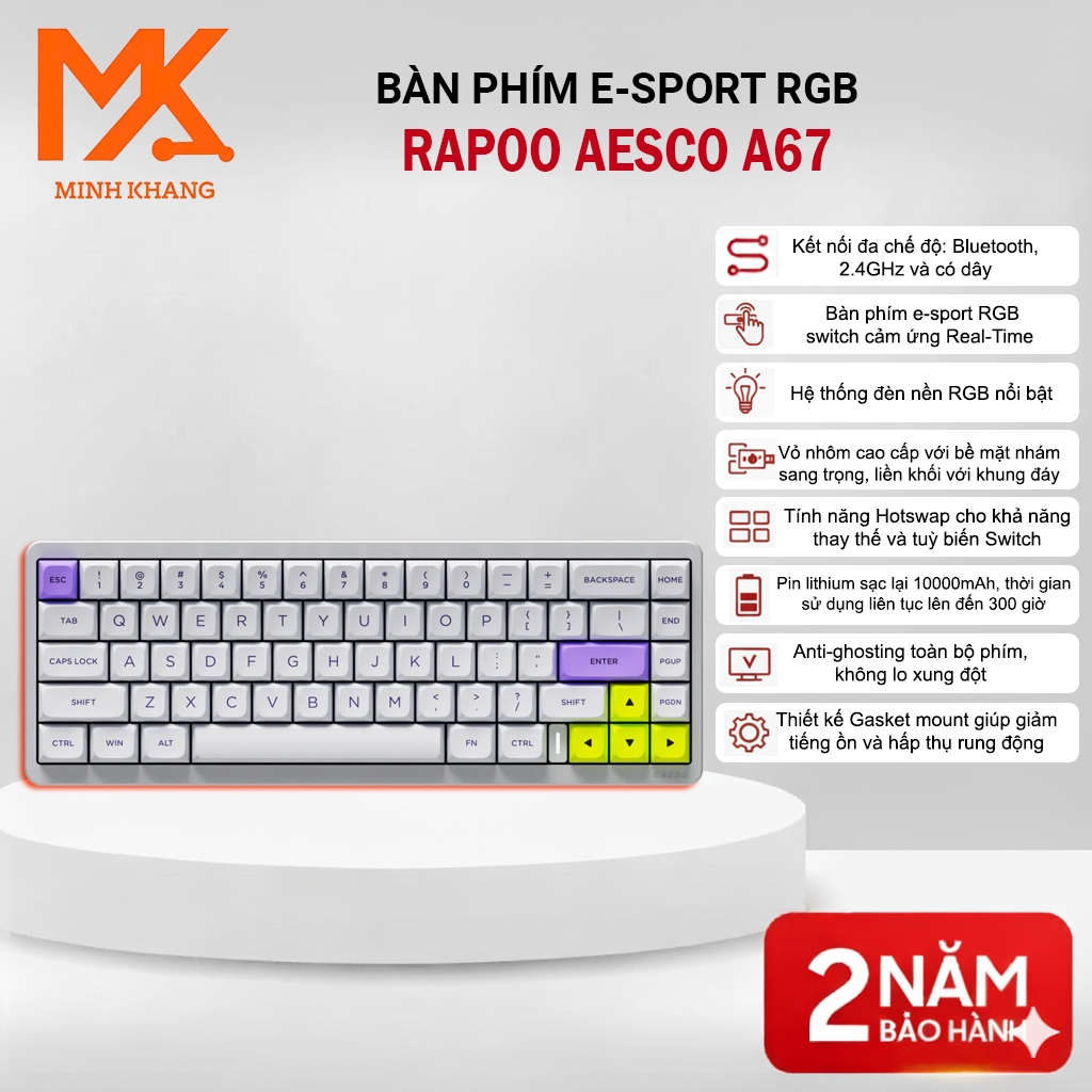 Bàn phím cơ e-sport Rapoo AESCO A67 – RGB, Hot-Swap, Wireless 4KHz ...