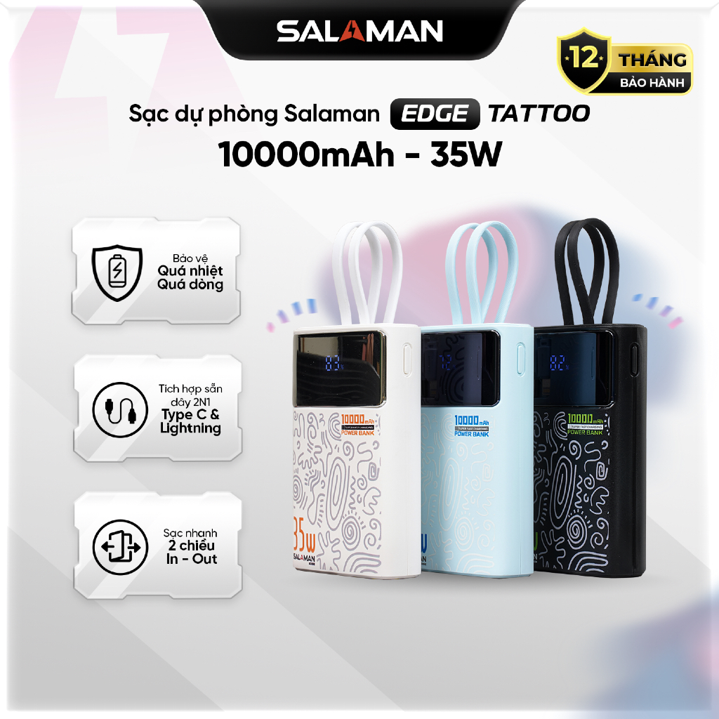 Sạc Dự Phòng Salaman Tattoo 10000mAh 35W PD QC, Tích hợp 2 Cáp Type C ...