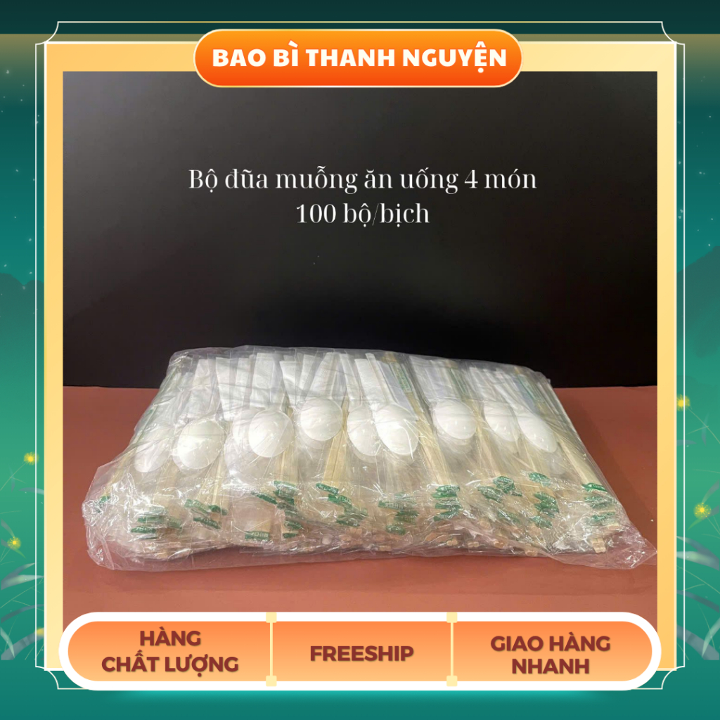 Combo 100 Bộ Muỗng Đũa 4 Món Mang Mề Tiện Lợi 22cm - Chất Liệu Nhựa An ...