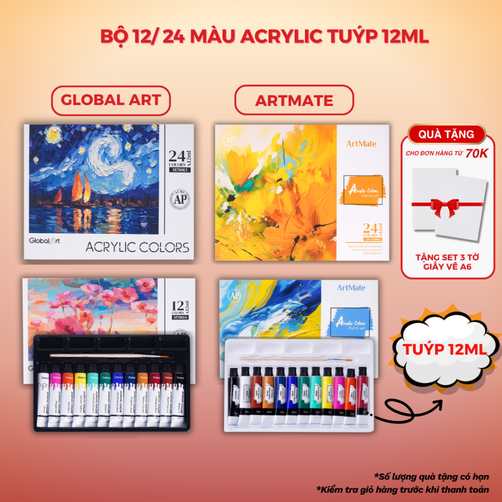Màu Nước Acrylic Dạng Tuýp 12ml GLOBAL ART- ARTMATE 12 /24 Màu Đặc Nhanh Khô, Vẽ Trên Mọi Chất ...