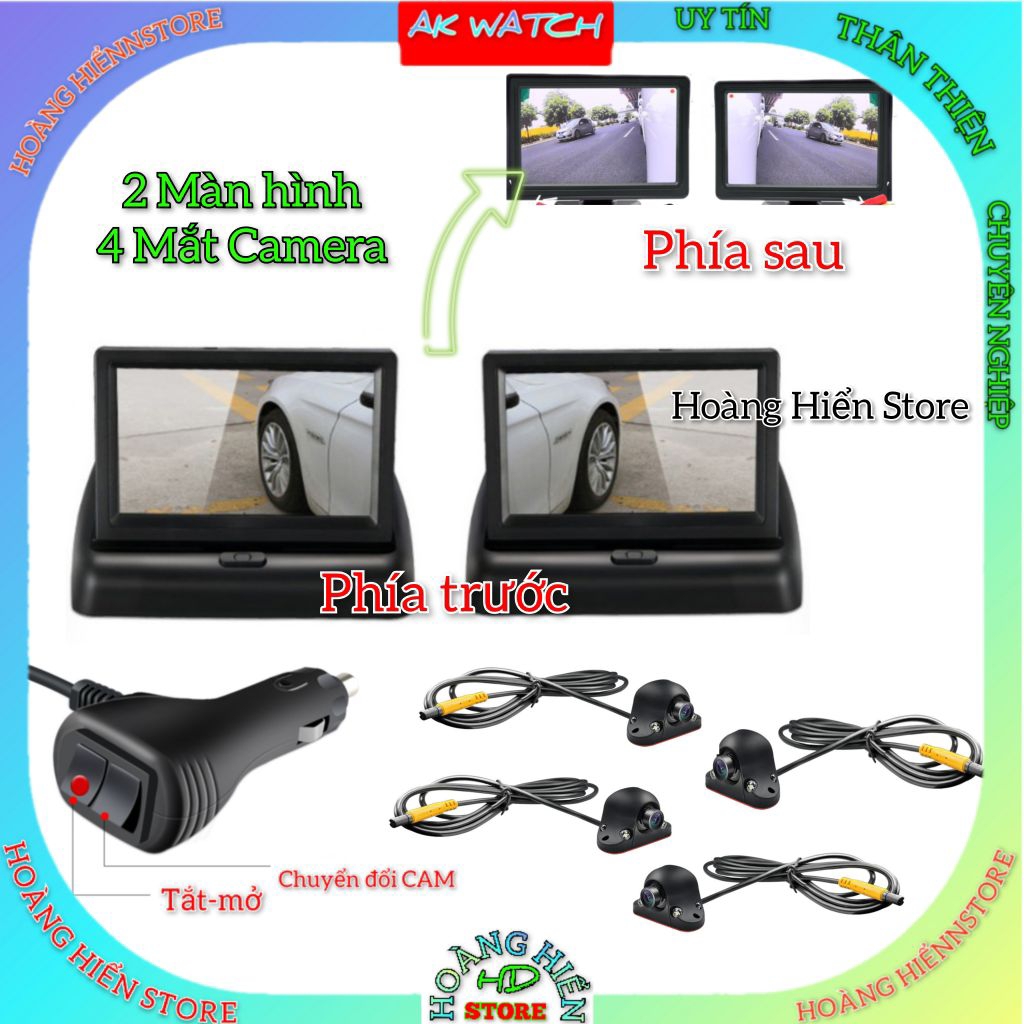 Bộ Camera cặp lề trước sau ViSmart (2 màn hình + 4 mắt Cam có đèn Led ...