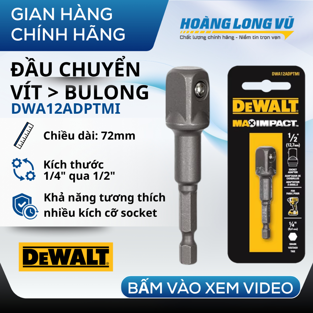 Bộ chuyển đầu vít 1/4in sang bulong 1/2in Dewalt DWA12ADPTMI, phụ kiện ...