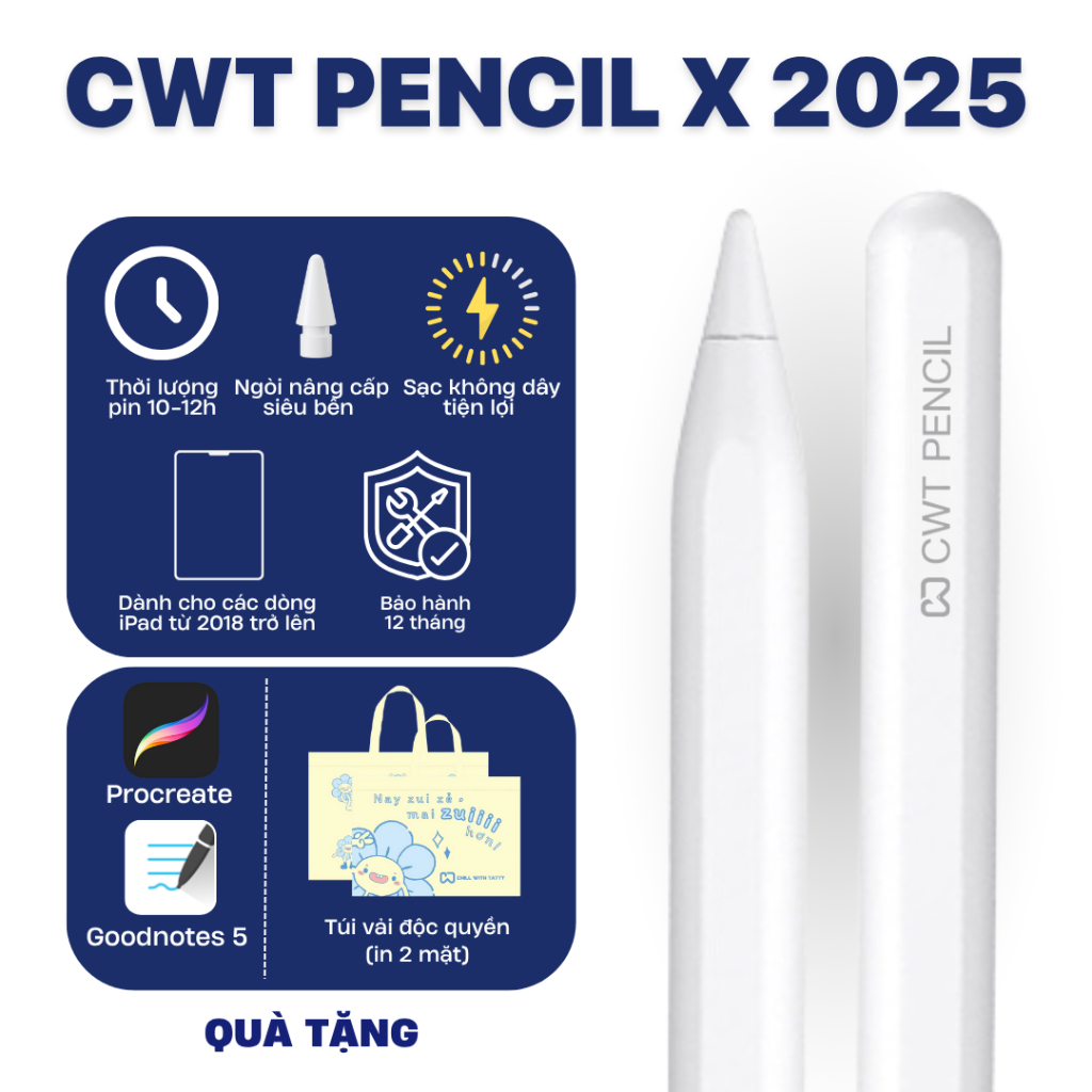 Bút cảm ứng C W T CHILL WITH TATTY Pencil X hỗ trợ sạc không dây, ngòi ...