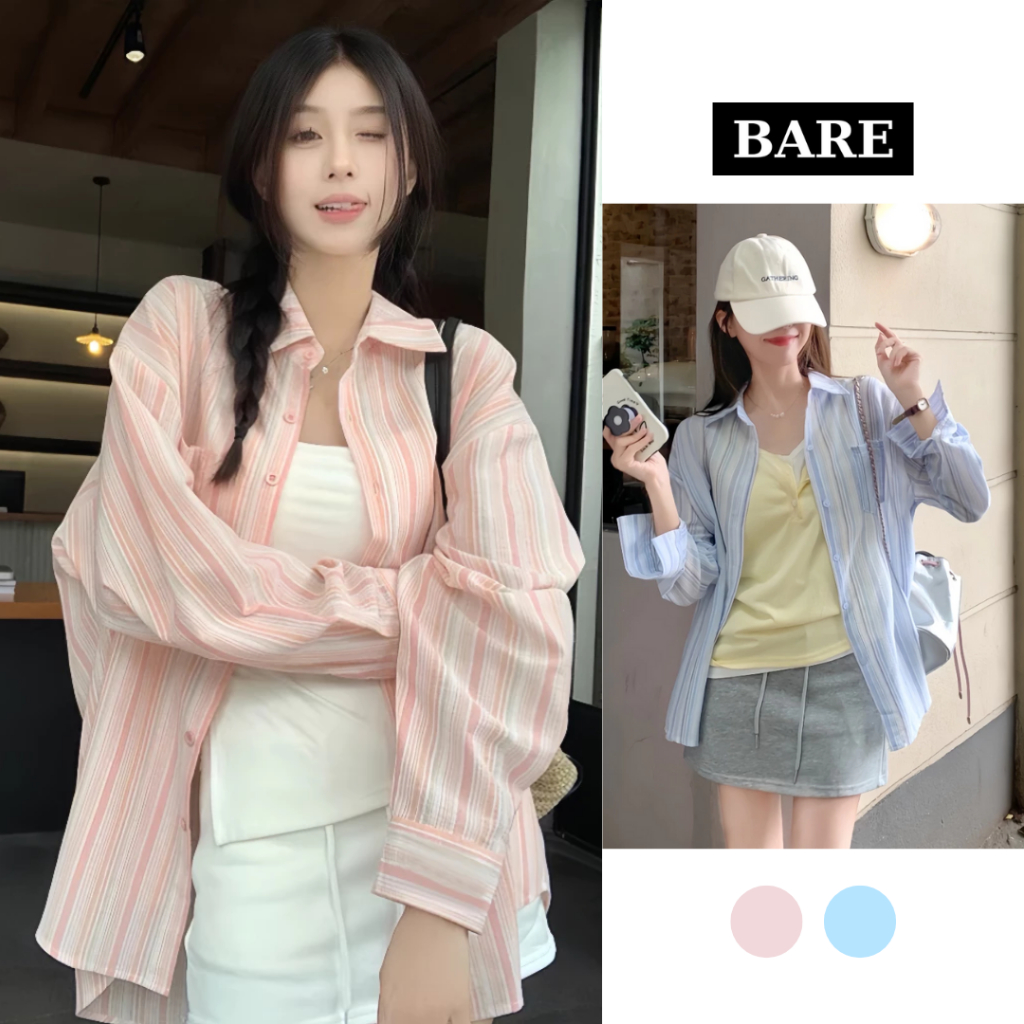 BARE_Áo kiểu nữ sơ mi dài tay kẻ sọc chất đũi nhều màu xinh pastel, áo ...