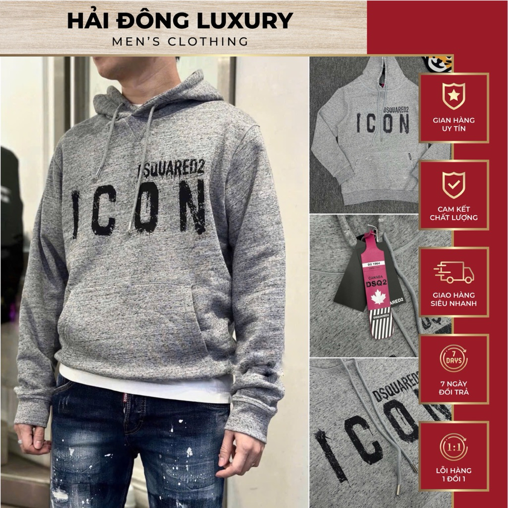 Áo Nỉ Mũ Hoodie ICON DSQ Xám Tiêu Đính Kèm Tag Hồng Chữ Sơn Đen Siêu ...