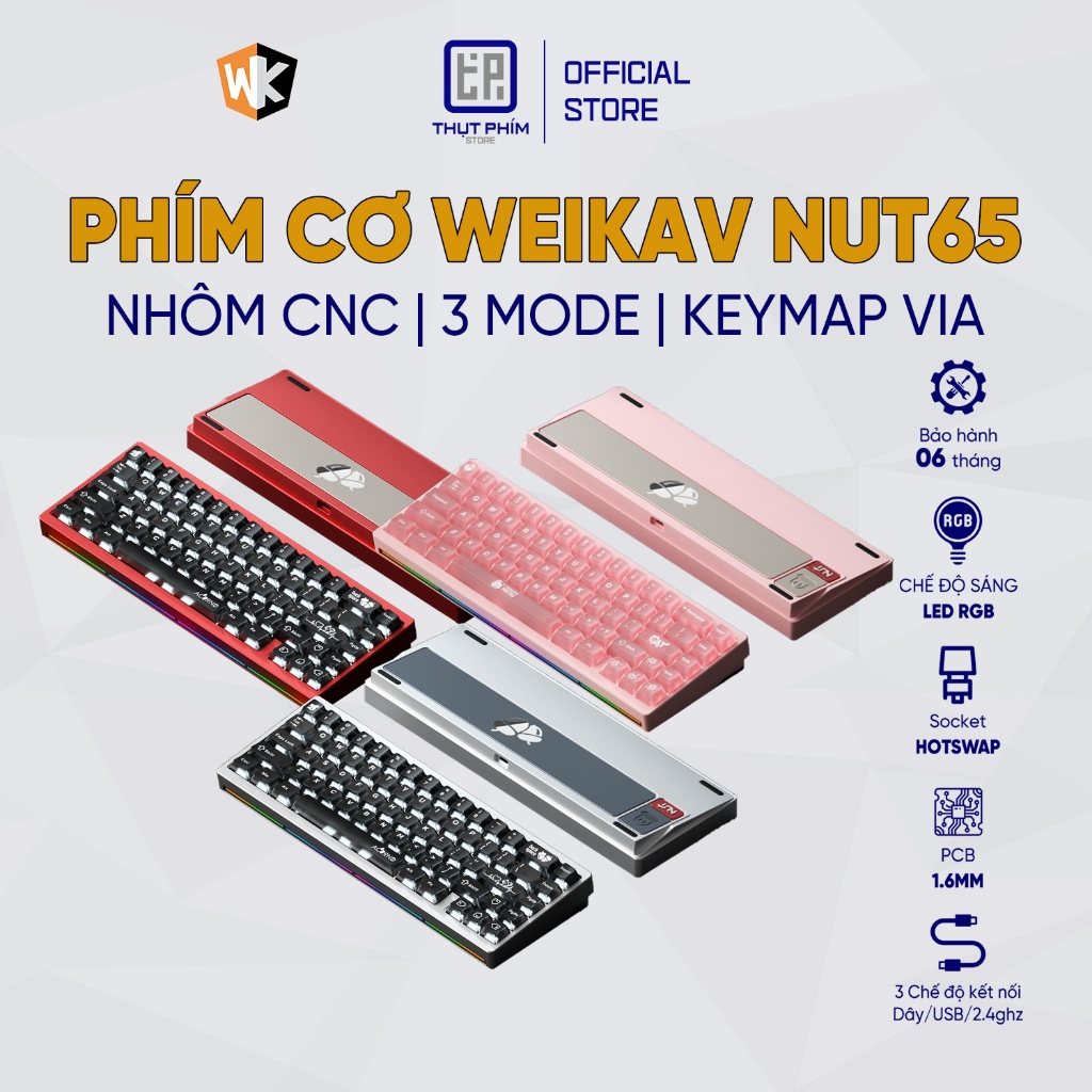 Bàn phím cơ NUT65 FULL PHÍM mạch 1.6mm 3 mode kết nối RGB keymap VIA ...