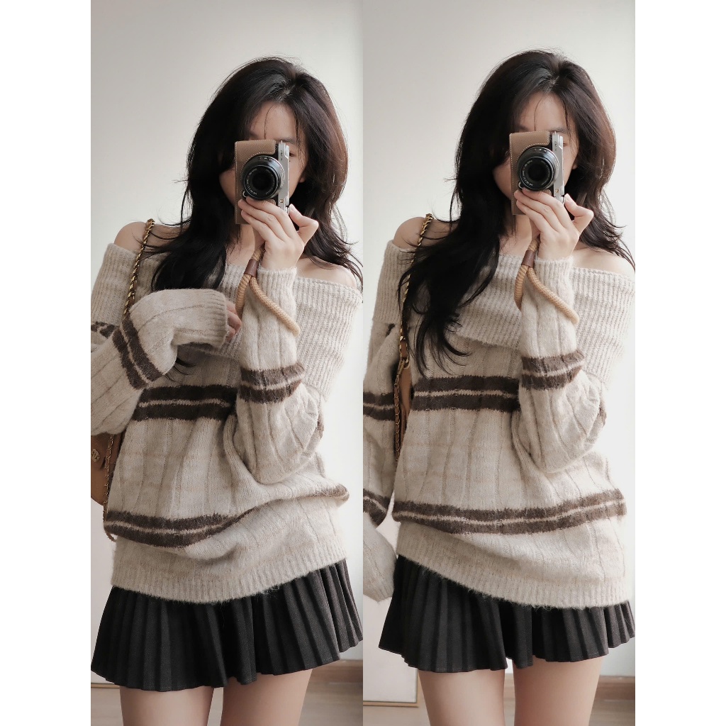 A019 Áo len lông trễ vai kèm đai form rộng Audrey | Shopee Việt Nam