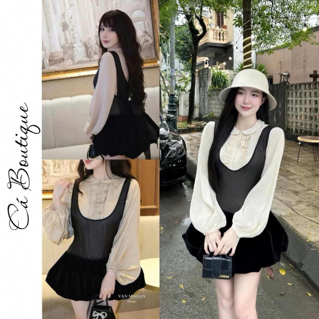 𝐒𝐀𝐋𝐄 𝐗𝐀̃ 𝐊𝐇𝐎 Đầm nữ cổ bèo tay dài bo chun phối “ Jum nhung “ corset ...