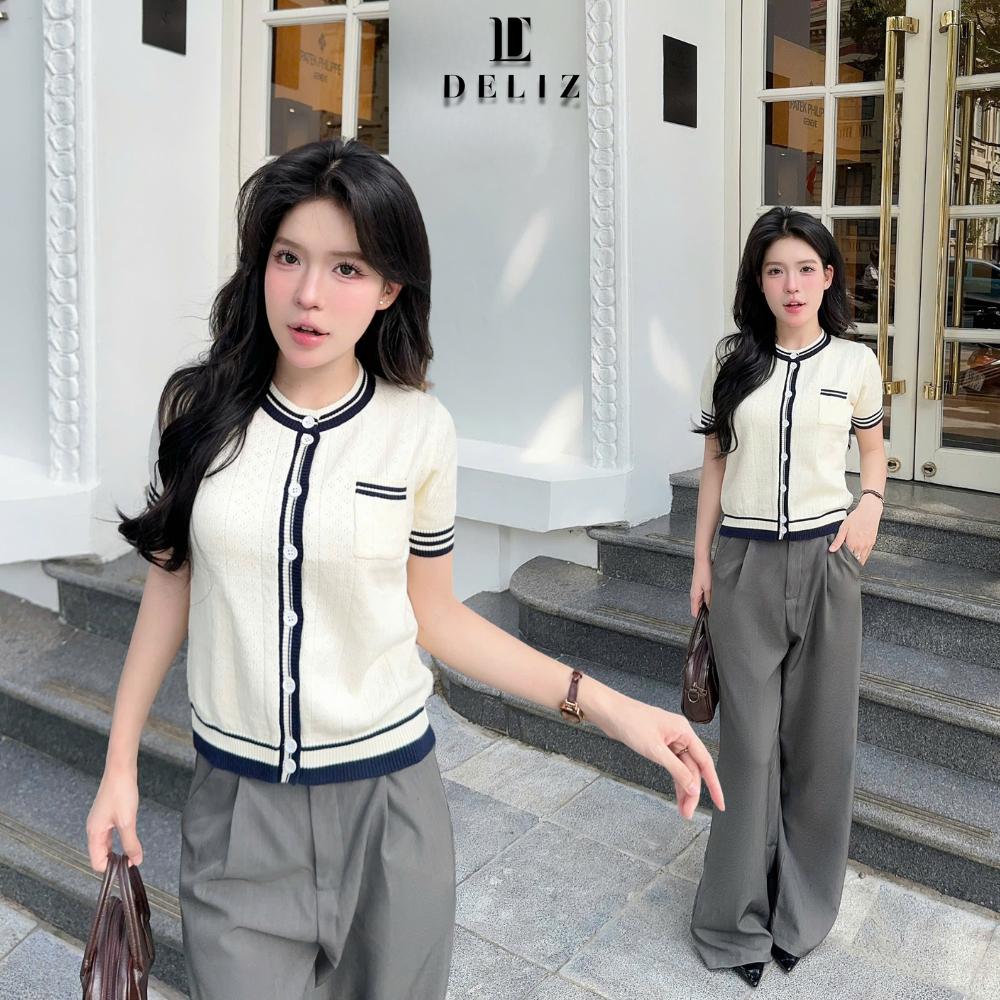 DELIZ - Áo len phối cúc dáng cardigan cộc tay kẻ viền chất len lông thỏ ...