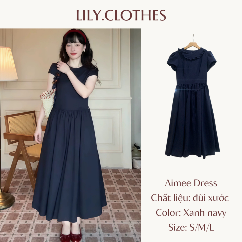 Lily.clothes- Váy đầm nữ dáng dài cổ bèo nhún Aimee Dress vải đũi xước ...