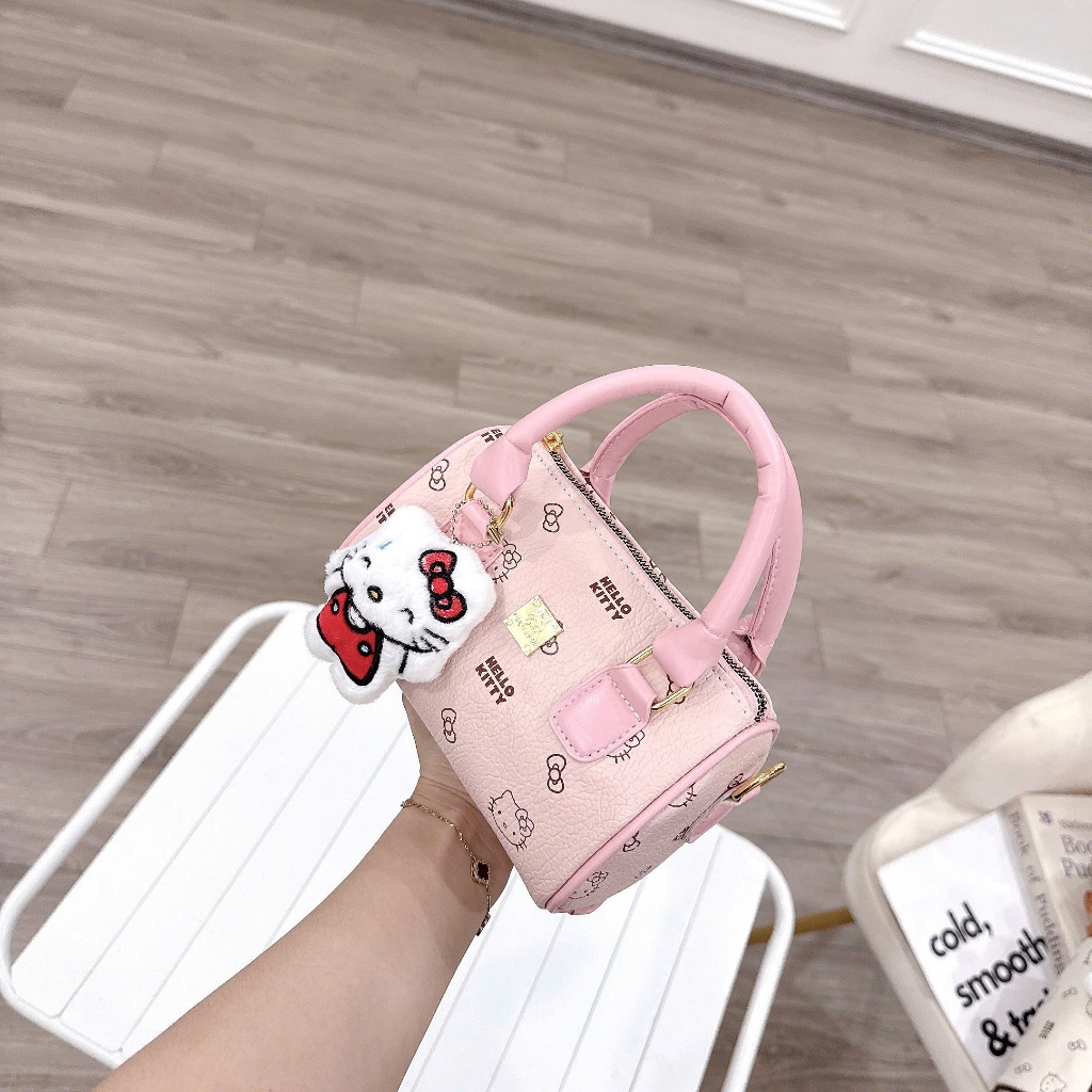 Túi xách nữ mini da PU dập nổi Hello Kitty cao cấp kèm charm bông dễ ...