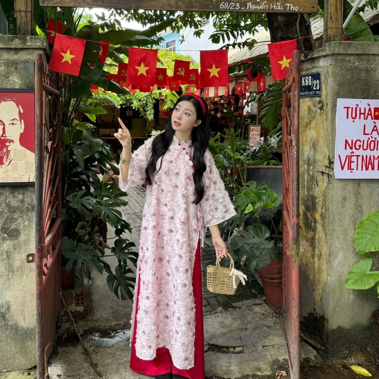 Áo dài lông vũ in hoa THANH YẾN nhiều màu cổ xéo đính cúc bọc kèm quần ...