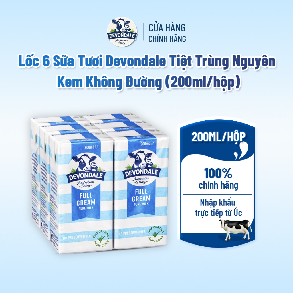 Lốc 6 Sữa Tươi Devondale Tiệt Trùng Nguyên Kem Không Đường 200ml/Hộp | Shopee Việt Nam