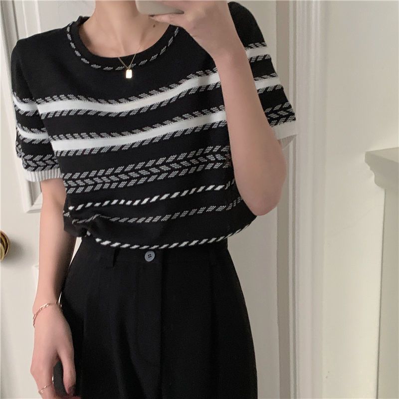 Áo len cộc tay họa tiết sọc ngang 2 màu đen trắng | Shopee Việt Nam