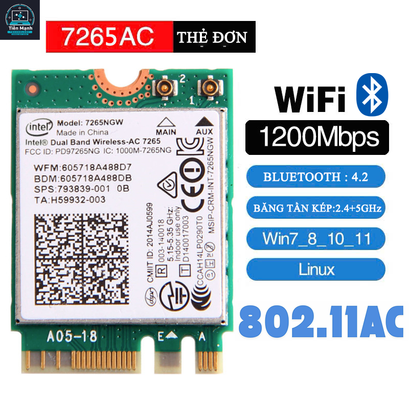 Card WIFI 5 INTEL AC 7265 M2 NGFF E-A 5GHz Bluetooh 4.2 cho Laptop-PC ...
