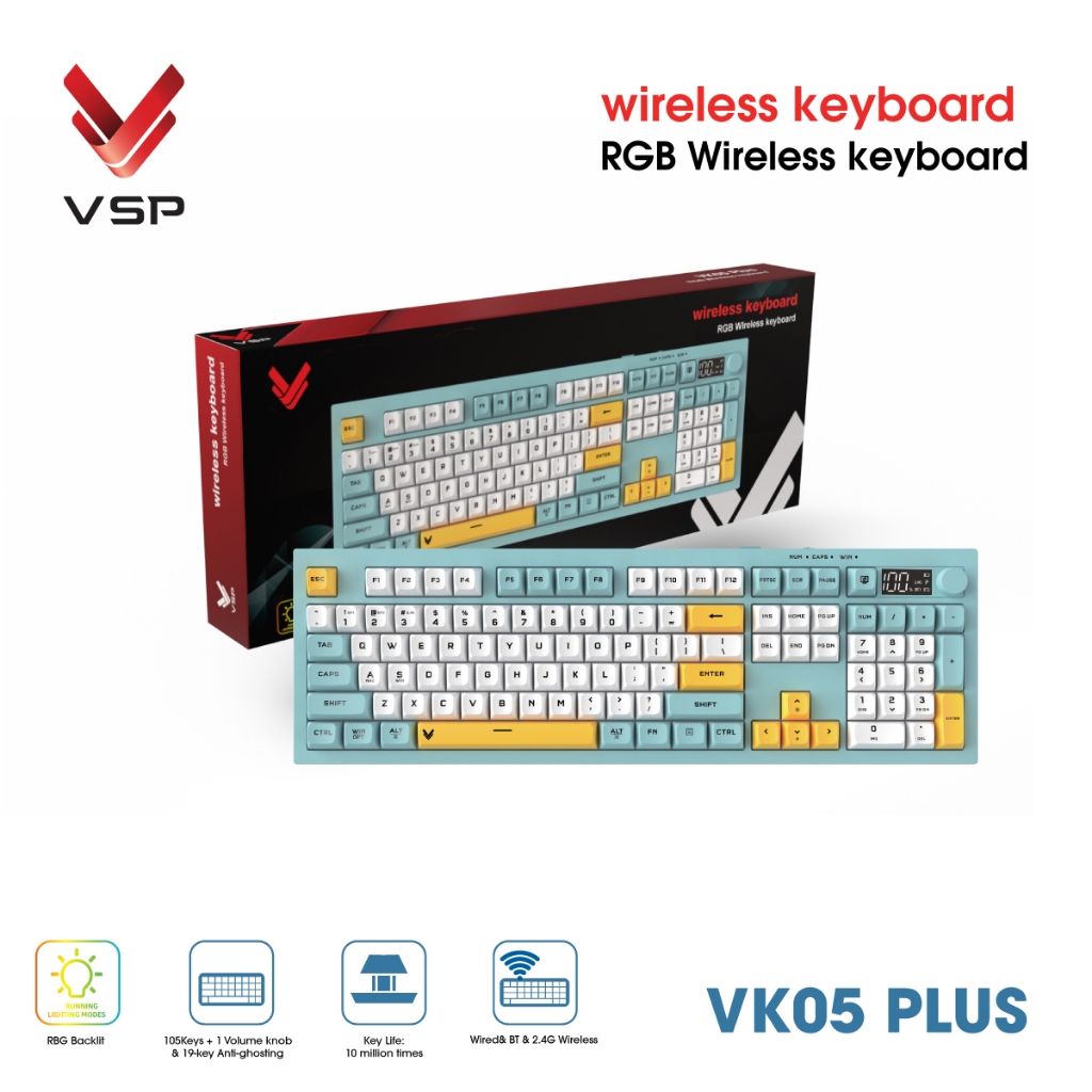 Bàn phím không dây VSP VK05 Plus SilentKey 3 Mode Kết Nối (Bluetooth/ 2 ...