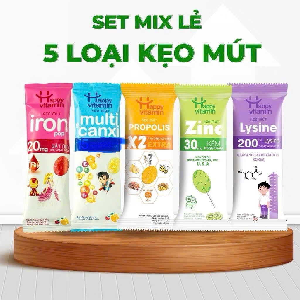 (Combo 5 Vị) Kẹo Mút Happy Vitamin chính hãng bổ sung Sắt, Canxi, Kẽm ...