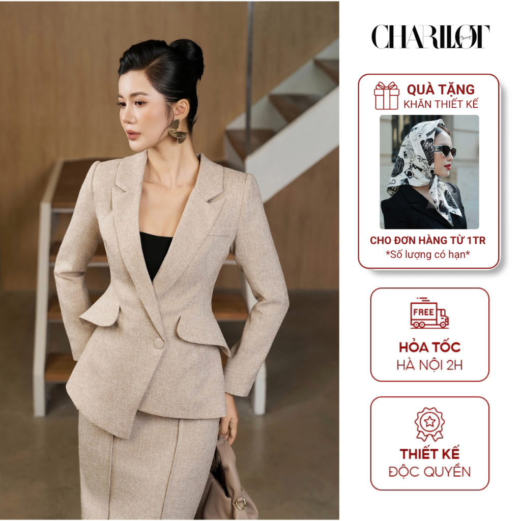 [DEAL THÁNG 10] Set Công Sở Charllot Bộ Áo Blazer Vạt Lệch và Chân Váy Bút Chì 2 Viền Cao Cấp ...